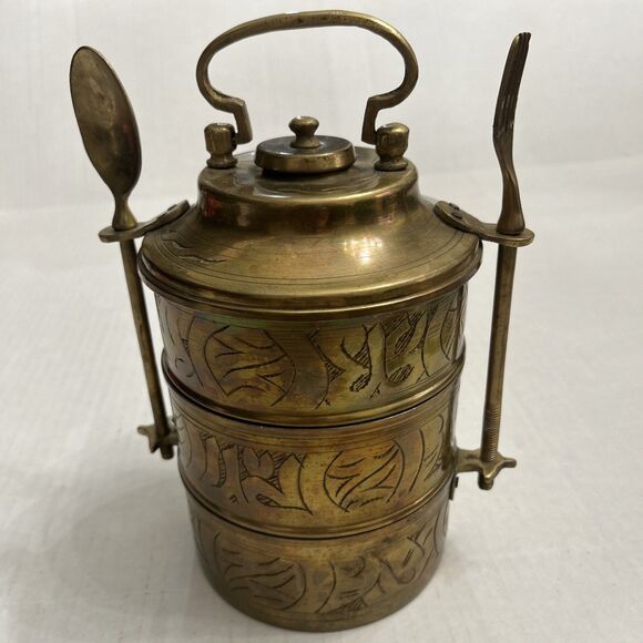 Accents | Vintage Brass Tiffin Stacking Food Boxes With Fork And Spoon ...